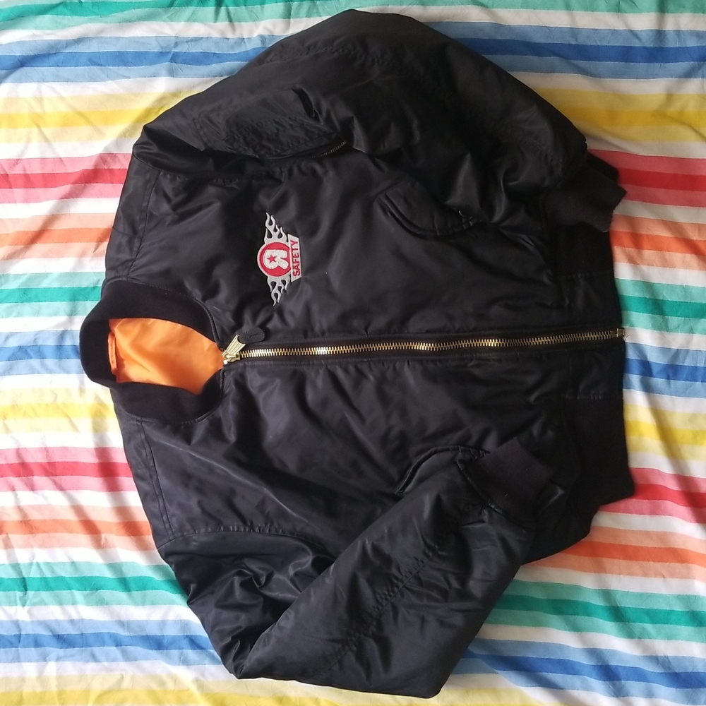 Toys R Us 90s Bomber Flight Jacket Black Orange Embro… - Gem